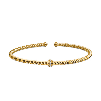 David Yurman大卫雅曼全金中间满钻钢丝绳手镯DY轻奢开口女3MM