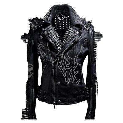 骷髅铆钉摇滚长钉西装领机车皮衣