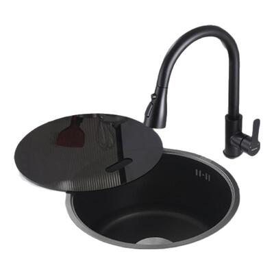 304不锈钢圆形小水槽压纹隐形带盖板中岛吧台隐藏式西厨房洗菜盆