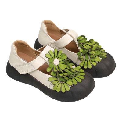 脱毒家牛皮花朵浅口厚底鞋