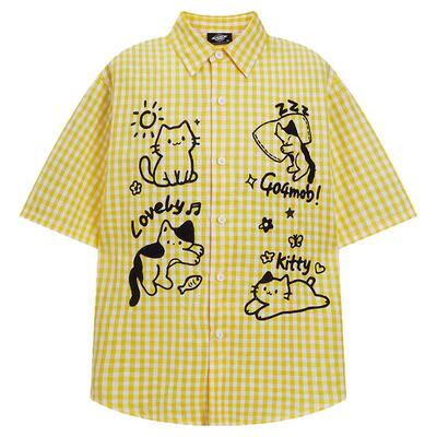 404MOB立体毛巾绣可爱小猫夏季短袖格子衬衫女休闲百搭宽松潮牌t