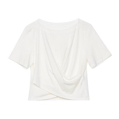 易菲圆领交叉设计修身短款T恤