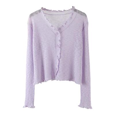 竹节麻V领木耳边薄款防晒开衫