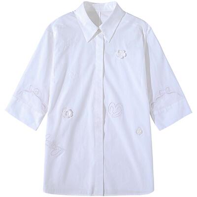 谜底衬衫分袖女2025夏季新品通勤镂空绣花大廓形白衬衣252MC0601