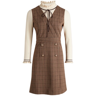 LANDI针织假两件连衣裙女新款秋冬捏褶格纹收腰a字短裙