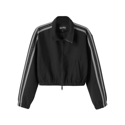 U/TI黑色双开拉链织带外套女百搭运动风休闲上衣尤缇时尚秋季新款