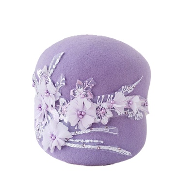 秋冬羊毛呢八角帽短檐马术帽紫色