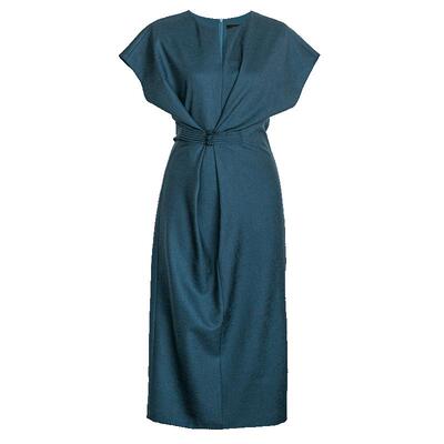 罗衣气质孔雀蓝盘扣收腰连衣裙