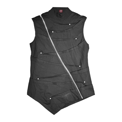 DETW斜拉链铆钉背心短袖T