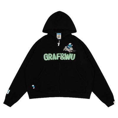 GRAF X SMURF【蓝精灵联名】骑兔子和机器人拉链加绒厚开衫帽衫
