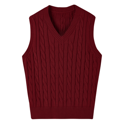 V领绞花新年马年红色针织背心