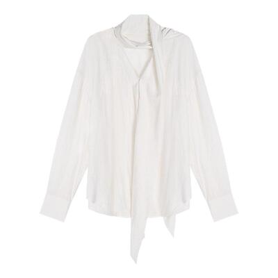 贰羊设计【雾中花】一衣多穿围裹式飘带宽松衬衫女微亚麻白色衬衣
