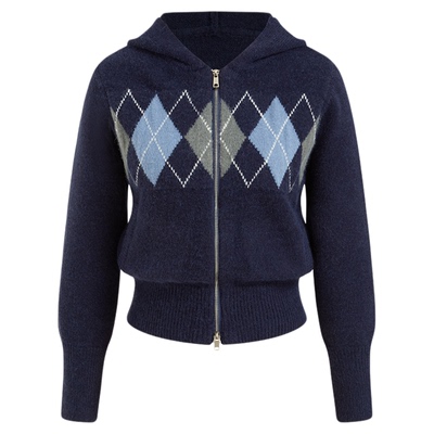 CIDER氛围感小众菱格纹针织上衣毛衣连帽拉链针织开衫114796967