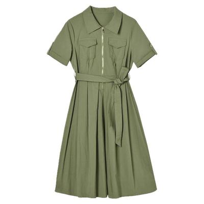 中长裙高腰短袖气质连衣裙