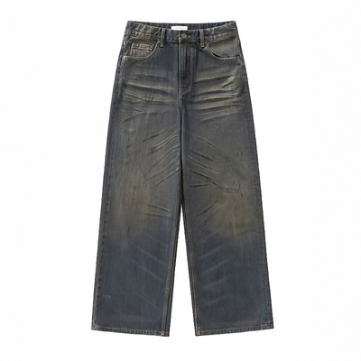 机油水洗刺绣竹节牛仔裤