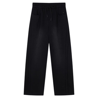 USHI悠时黑色松紧腰时尚磨白拼接设计感针织裤简约直筒休闲裤男装