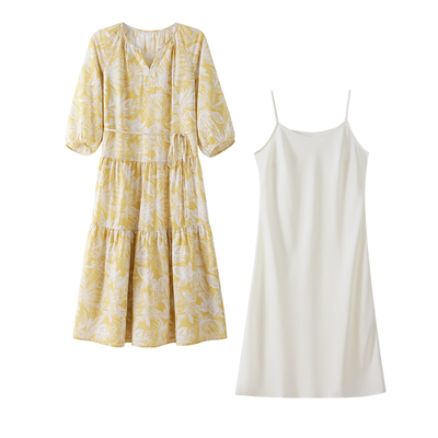 OSA欧莎法式V领印花连衣裙女夏季新款宽松慵懒显瘦海边度假中长裙