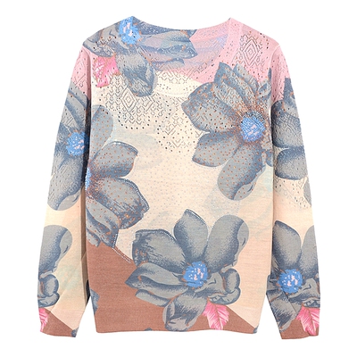 印花亮钻圆领套头天丝羊毛针织衫