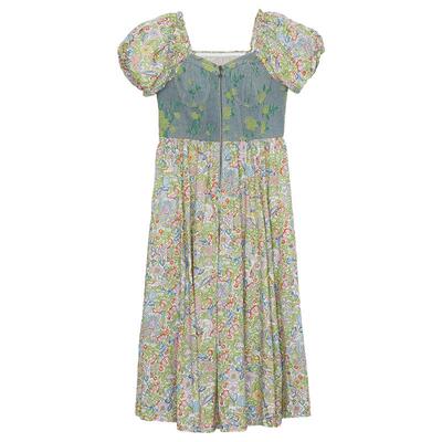 谜底碎花连衣裙短袖夏款田园度假风拼接修身长裙女246ML7028