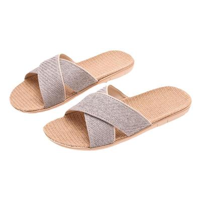 交叉草编日式亚麻拖鞋透气简约