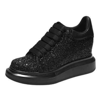 8cm内增高2025秋季新款亮片厚底松糕运动小白鞋女小个子33码黑色