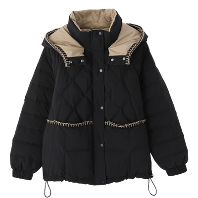 XWI/欣未短款连帽休闲羽绒服女2024冬季新款宽松百搭黑色鸭绒外套