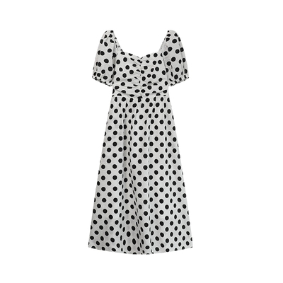 白鹿语优雅方领泡泡袖波点连衣裙