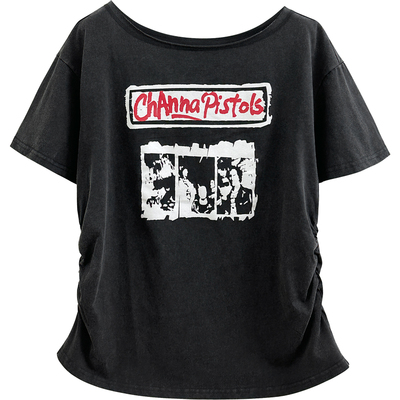 美式复古印花水洗黑色斜露肩T恤