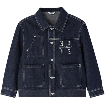 安奈儿童装男童女童翻领牛仔外套2026春新款休闲深蓝色时尚上衣