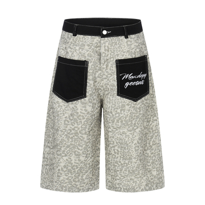 DHSS美式复古豹纹阔腿牛仔七分裤