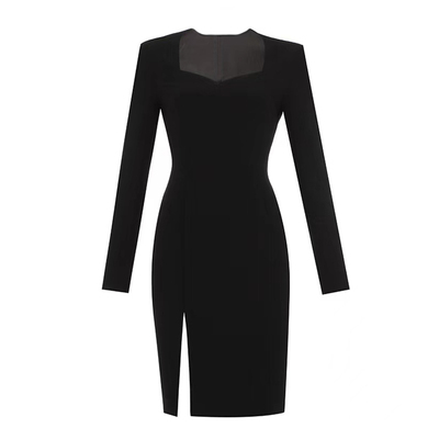法式小黑裙方领性感开叉连衣裙
