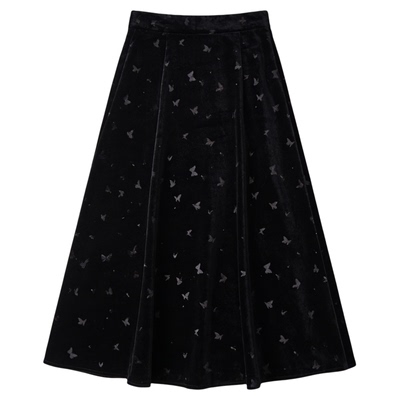 家好黑色高腰丝绒蝴蝶半身裙女