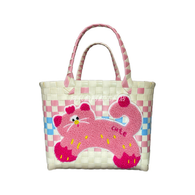 卡通猫咪图案手工编织菜篮子包