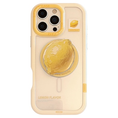 Yellow lemon magnetic bracket clear case适用iphone 11 12 13 14 15 16 plus 17 pro max