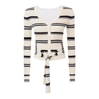 Mess Studio 辣妹设计感修身收腰短款蕾丝拼接针织黑白条纹上衣春