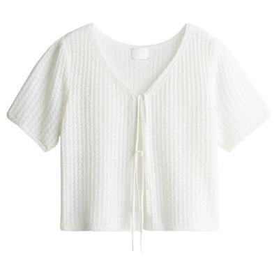 HM女装针织衫夏季时尚前部系带开衫泡泡短miu系开衫1286468