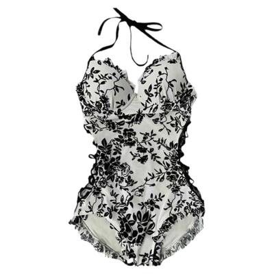 世可儿植绒蕾丝黑色长袖连体泳衣