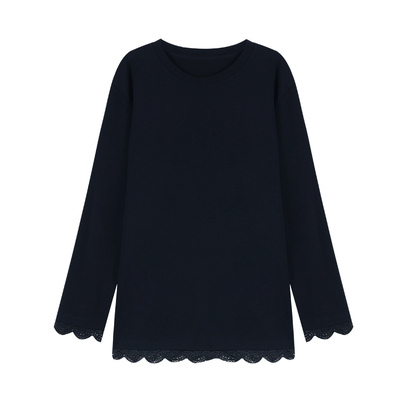 NEVA HU 可盐可甜 圆领拼接花边长袖t恤女宽松休闲韩系松弛感上衣