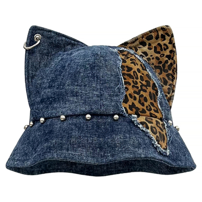 猫耳朵柳钉豹纹渔夫帽子女复古