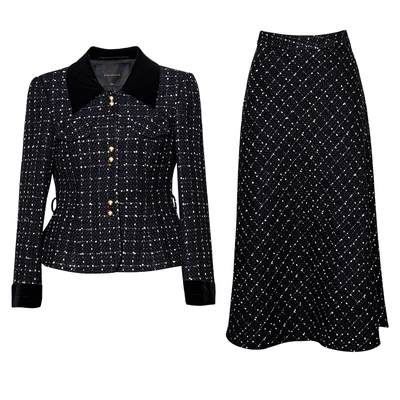 罗衣法式粗花呢拼接丝绒套装