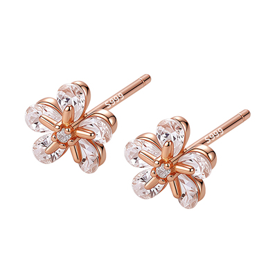 999纯银针玫瑰金色花朵耳钉