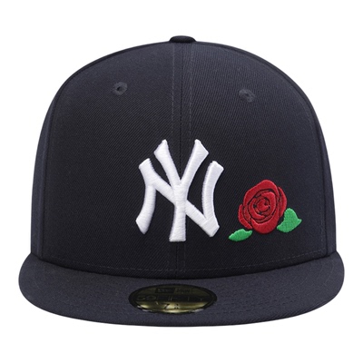韩国代购NEWERA纽亦华玫瑰刺绣5950平沿全封闭棒球帽NY洋基藏蓝色