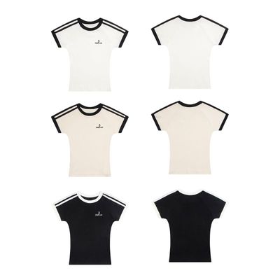 撞色三条杠短袖t恤女复古休闲