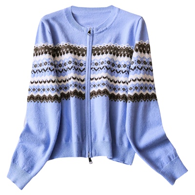 亮丝提花双拉链圆领长袖针织衫女