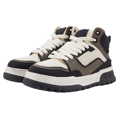 USHI悠时 时尚拼接舒适透气孔撞色高帮牛皮革休闲鞋户外潮酷男鞋