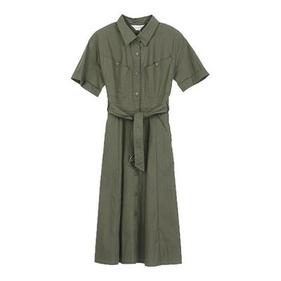 诗梦女装26夏季新款小翻领中长款衬衫连衣裙气质军绿色收腰系带棉