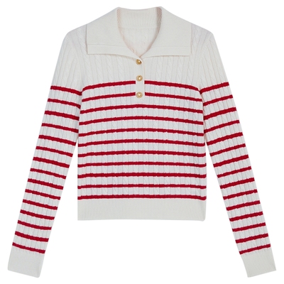 YINER音儿2026春季新款时尚条纹polo领阿拉善羊绒羊毛混纺针织衫