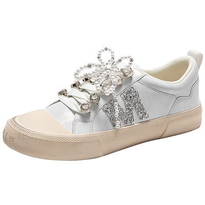 MIO米奥做旧休闲鞋秋款珍珠钻饰小白鞋小众板鞋脏脏鞋女平底鞋