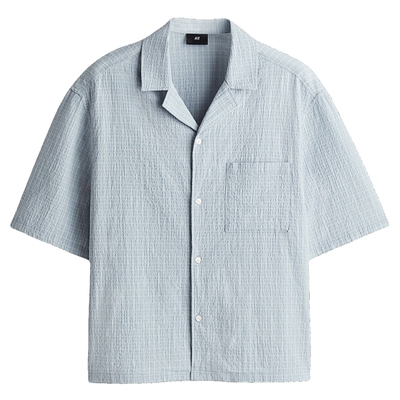 HM男装古巴领衬衫夏季宽松版泡泡纱古法式衬衣1265306