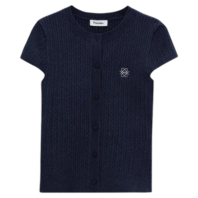 Pomelo 甜辣风针织衫坑条圆领修身显瘦短袖针织上衣女